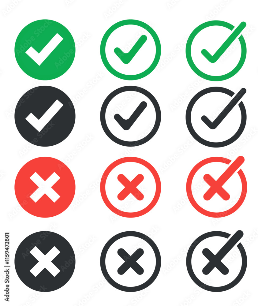 Check box tick mark icon set button correct right wrong buttons or yes or no checkmark red cross ...