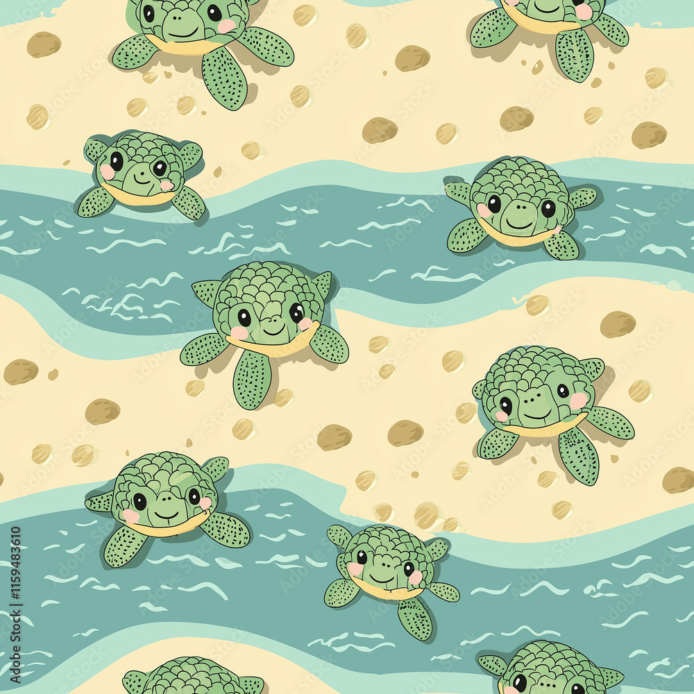 Seamless amigurumi pattern of cute sea turtles beach environment ...