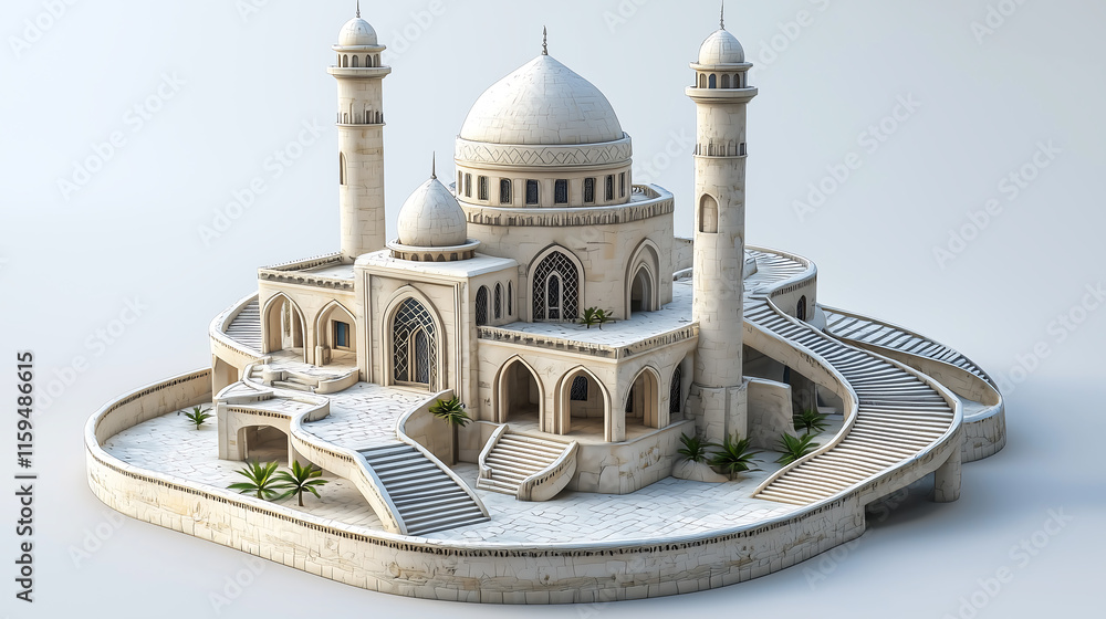 3D rendered model of an elegant white Islamic mosque with two minarets ...