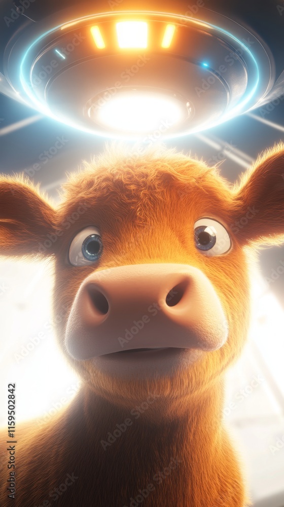 This whimsical animated cow, with a friendly expression, stands under ...