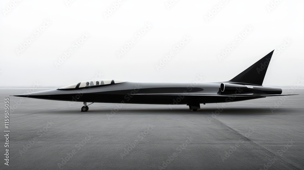 Sleek jet plane in side profile view on a runway under overcast sky ...