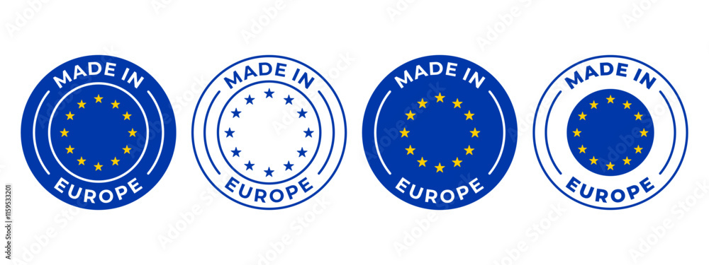 Made in EU label icon set. Made in Europe product emblem, sign, symbol ...