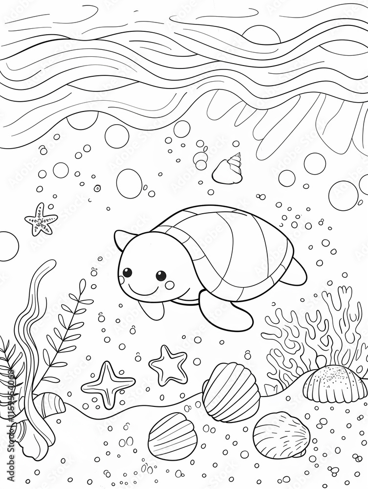 Coloring page featuring a cheerful turtle swimming in an underwater ...