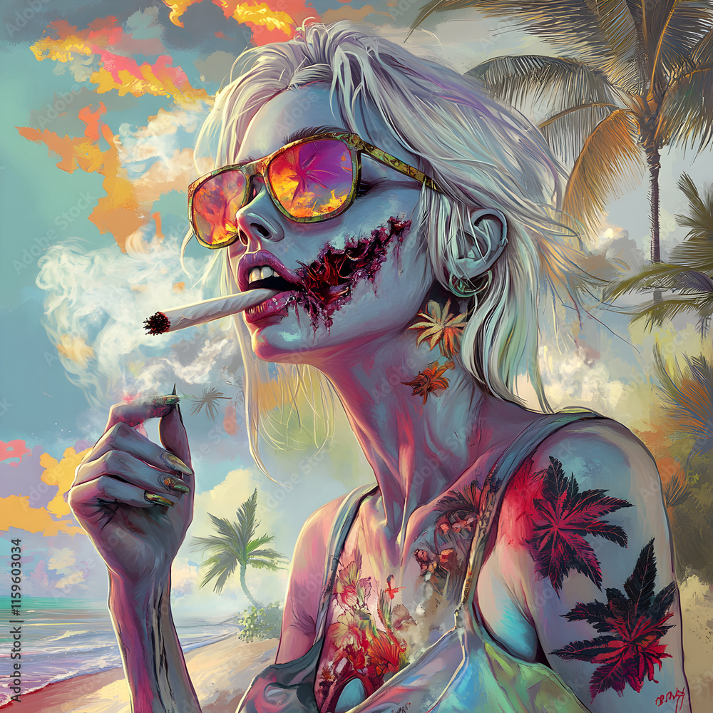 Zombie woman smoking a marijuana weed spliff on a beach and a tropical ...