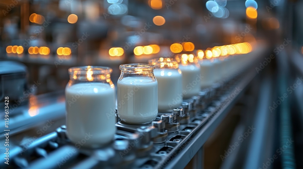 Glass jars of fresh milk on a production line in a factory setting ...