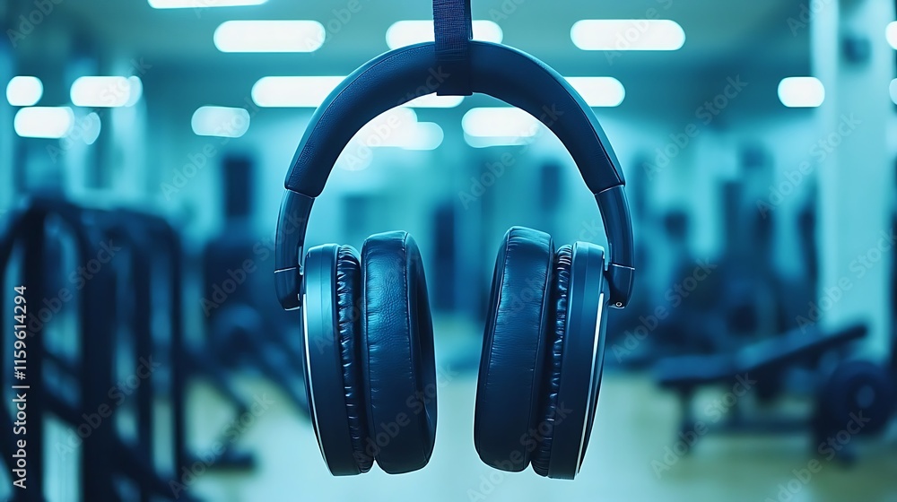 Wireless ergonomic headphones hanging on a gym rack, dim overhead ...
