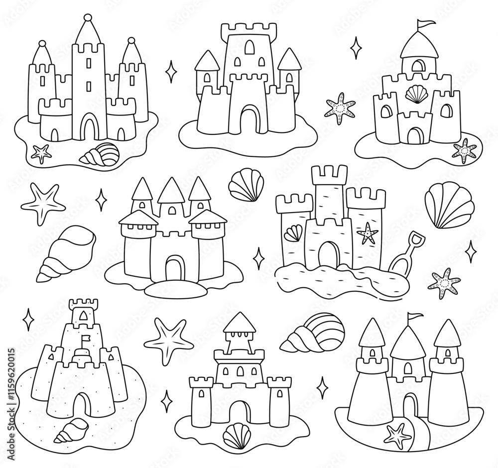 Sandcastles. Big set. Summer Sand Castles. Sea shells. Outline Doodle ...