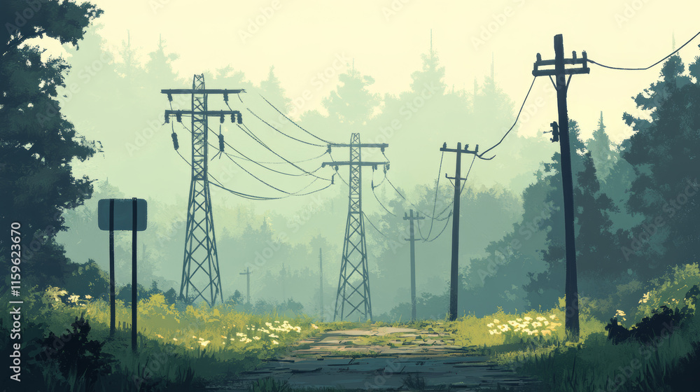 High voltage electric transmission tower with glowing current line ...