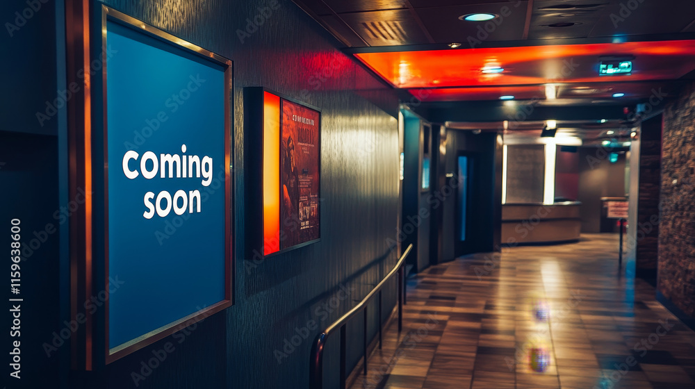 Empty isolated cinema poster panel on the wall of theater walkway ...