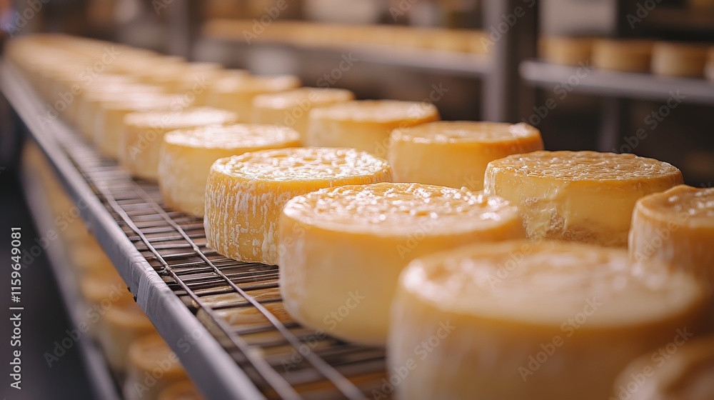 Rows of Aging Cheese Wheels on Racks in Artisan Cheese Factory with ...