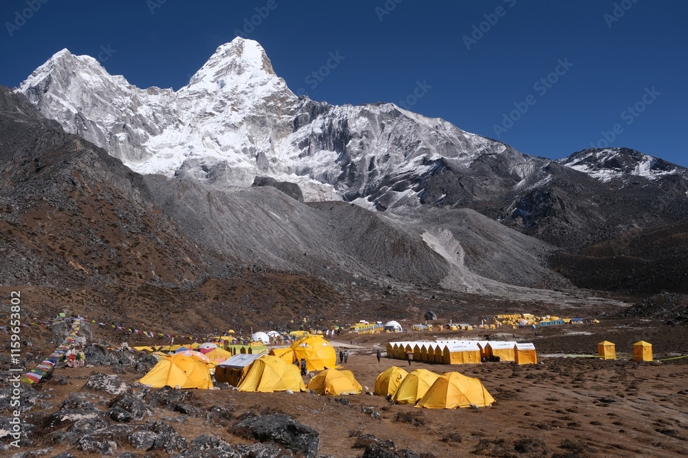 Amazing scenery of Ama Dablam Base Camp with yellow tents. Ama Dablam ...