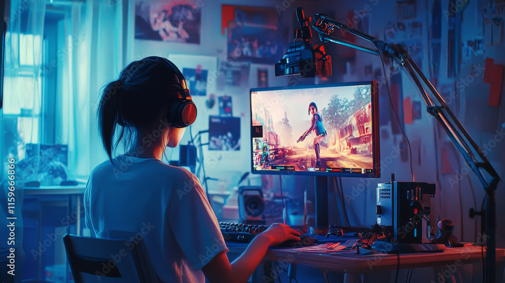 Woman streamer with gamer console setup in room. Professional player ...