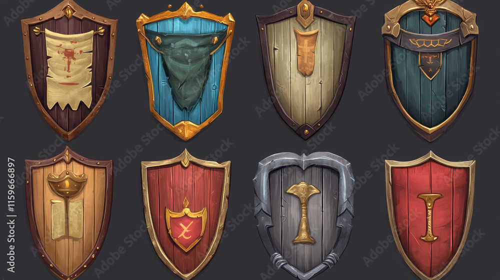 Set of game level ui icons, wooden shields with banners and xp rate ...