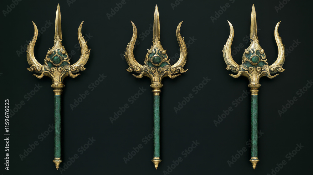 Poseidon tridents, marine God Neptune weapon, gold and green colored ...