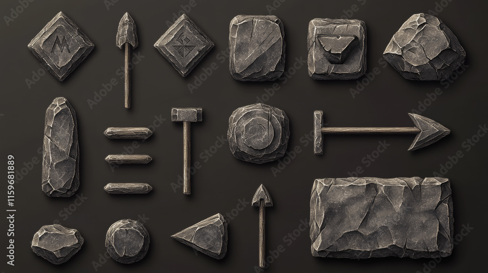 Stone game tablets, buttons, cartoon interface plaques, frames and arrows of rocky texture. Menu ...