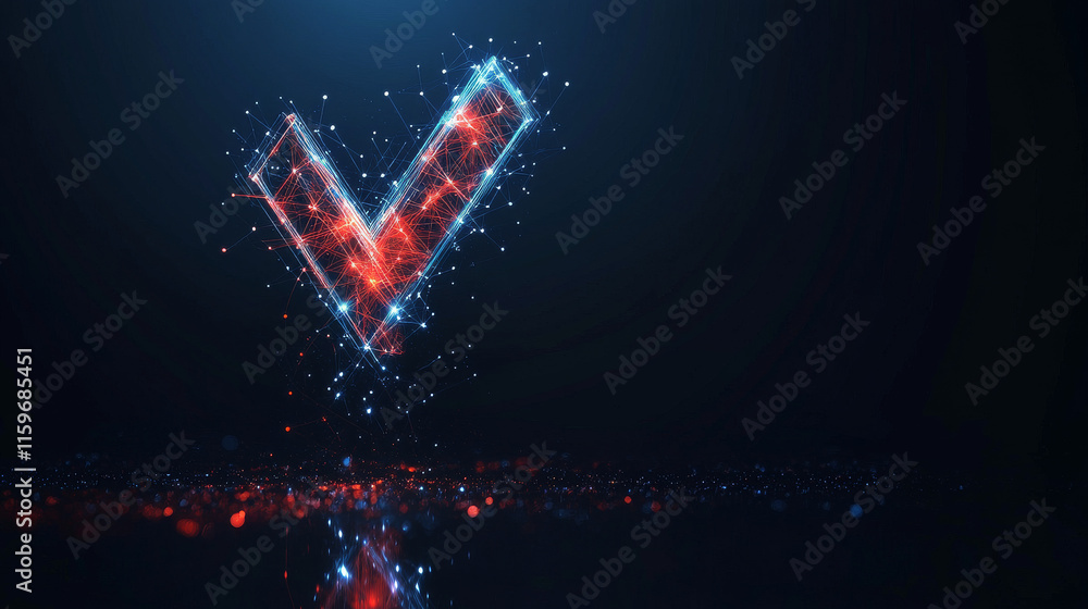 Hologram check mark. Check mark made of polygons, triangles, dots, and ...