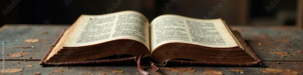 Ancient tome bound in worn leather lies open on a dusty altar ...