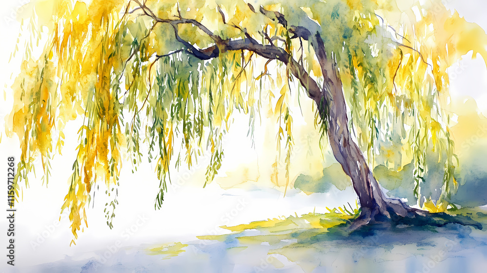 Watercolor painting of a weeping willow tree with long, graceful ...