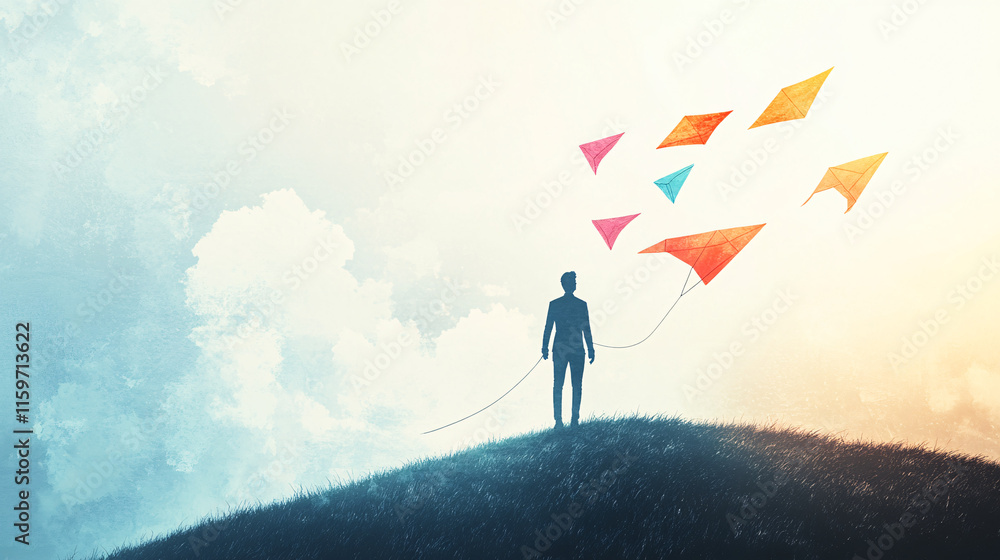 A corporate figure flying a kite on a windy hill, with colorful kites ...