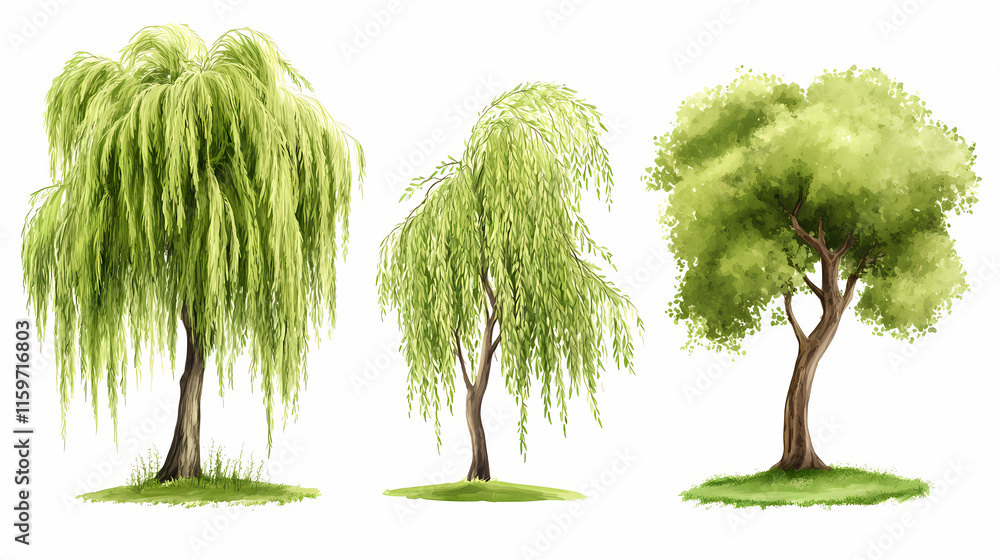 Trees front view, png, watercolor style vector tree, willow tree ...