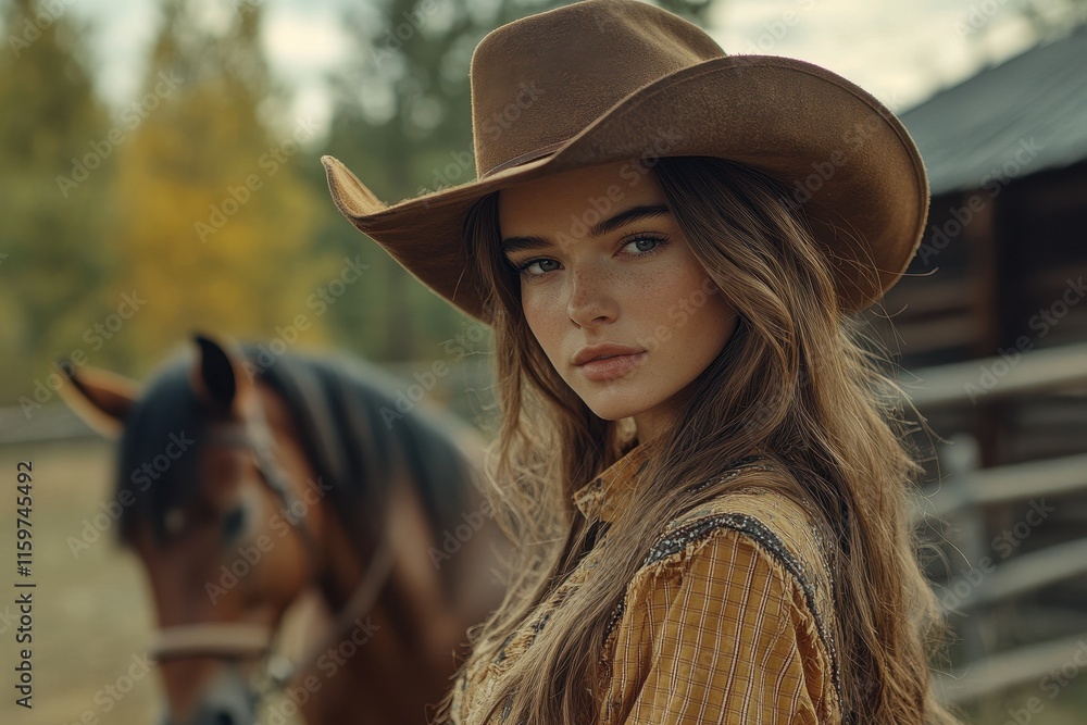 Foto de Stock Side view of an alluring cowgirl in western attire at a ...