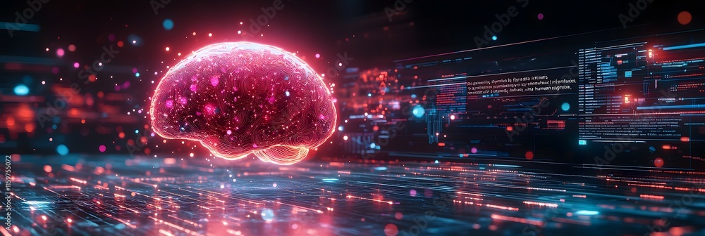 Glowing futuristic brain hologram surrounded by dynamic data streams charts and digital ...