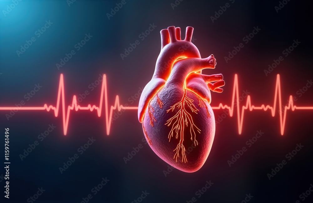 3D anatomical heart illustration with glowing blood vessels. Heart ...