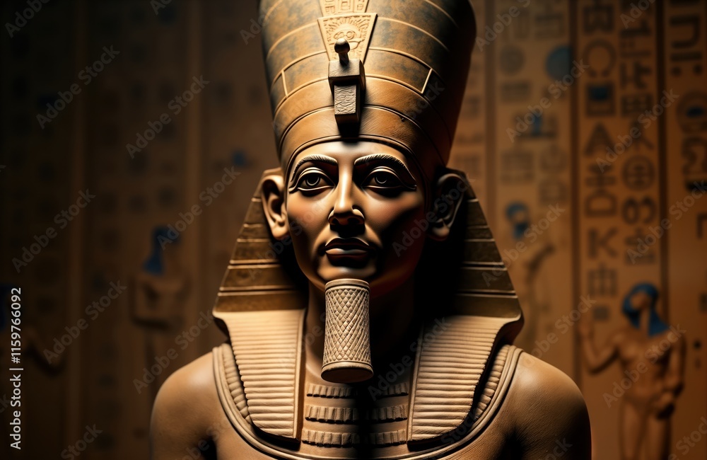 Ancient Egyptian king statue in dark setting. Detailed pharaoh statue ...