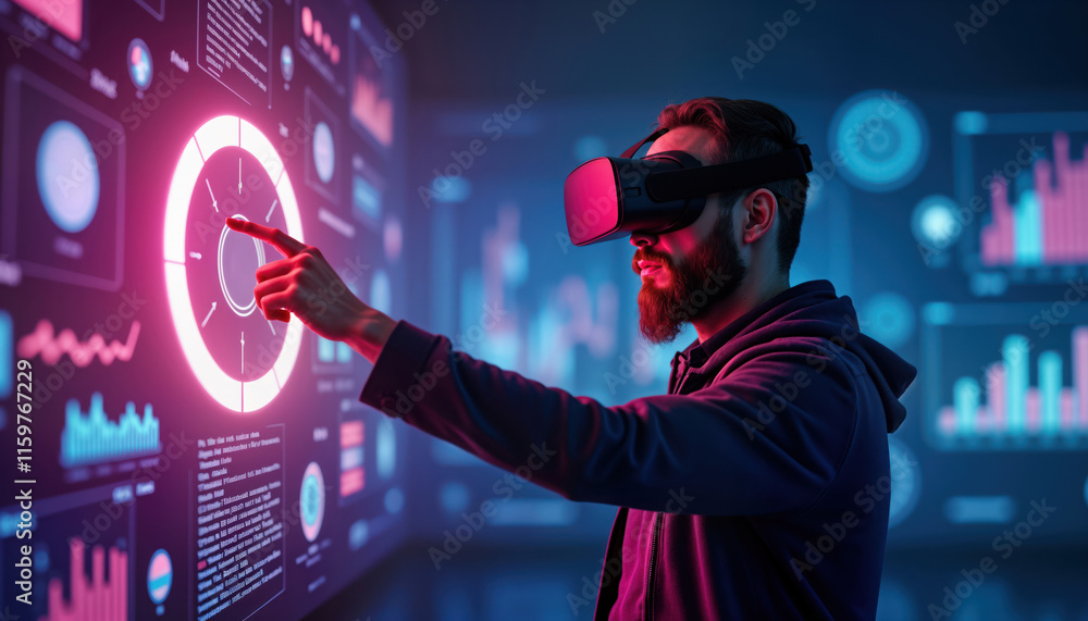 Man wearing VR headset interacts with digital interface. Uses hand ...