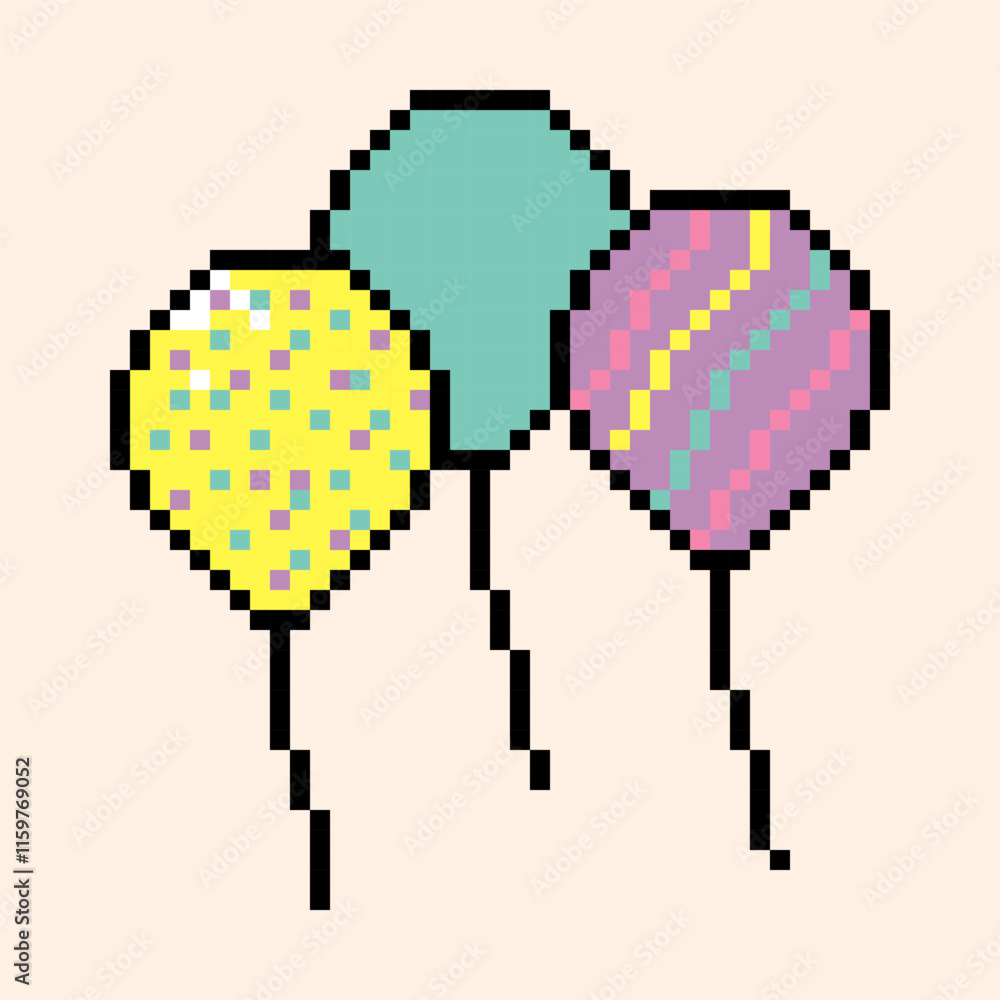 Bunch of balloons emoji. Balon pixel art style icon. Colorful retro ...