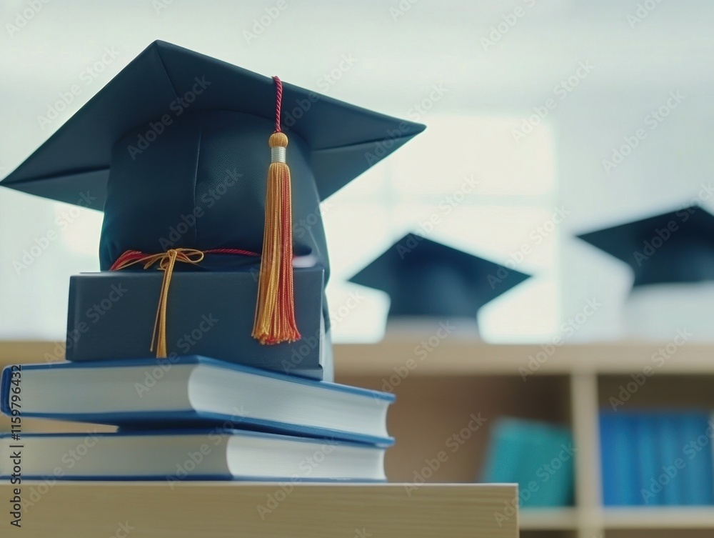 Graduation caps stacked in a classroom setting. Featuring diplomas and ...