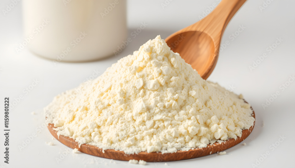 Pile of bovine colostrum powder with wooden spoon and white container ...