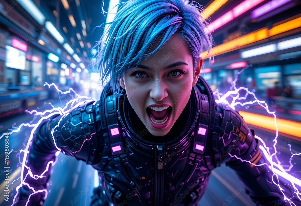 Powerful Cyberpunk Woman in Action, Electrified by Speed. Generative AI ...