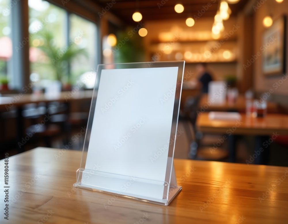 Blank menu display holder stands on wooden table inside cafe. Acrylic ...