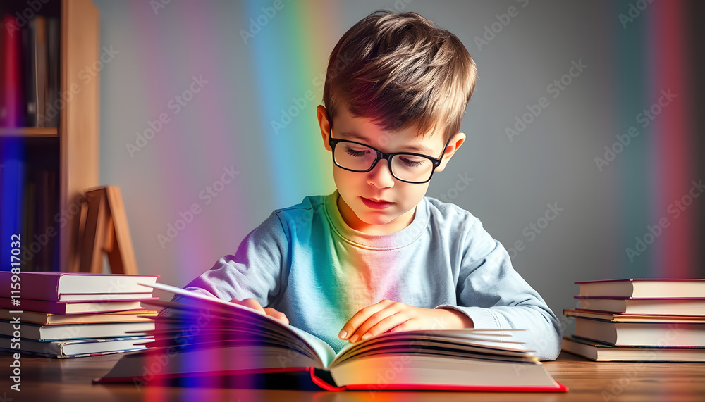 Kid affected by dyslexia doing homework, reading book using colorful ...