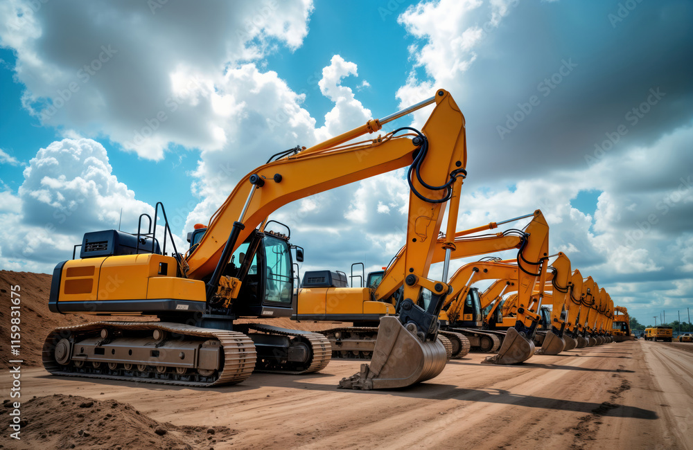 Powerful excavators line up on construction site under partly cloudy ...