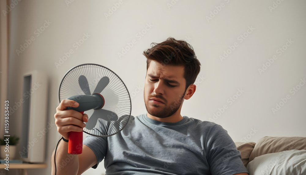 Exhausted overheated millennial man suffering from heat at home without ...