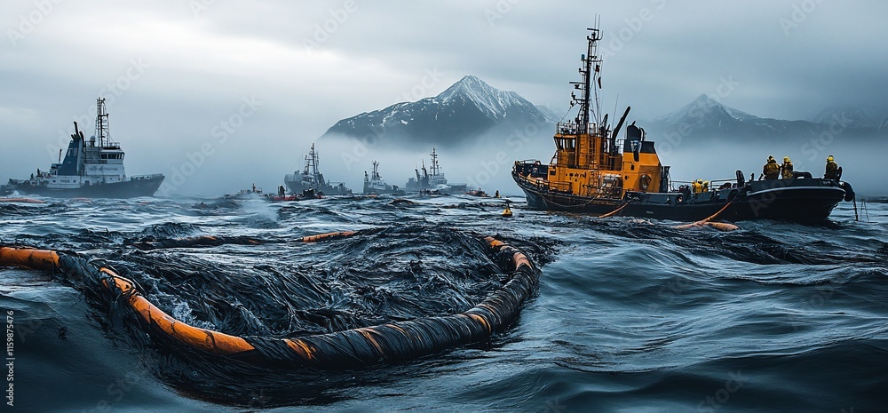 Oil spill cleanup operation at sea with multiple vessels and booms ...