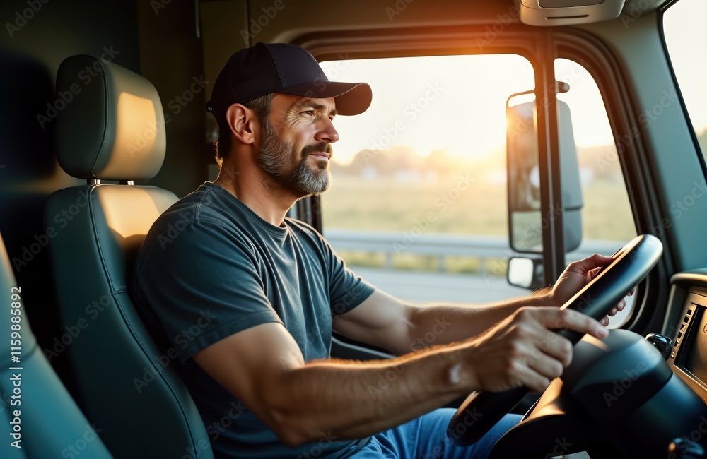 Middle-aged man drives large truck. Sits in cockpit, looking ahead ...
