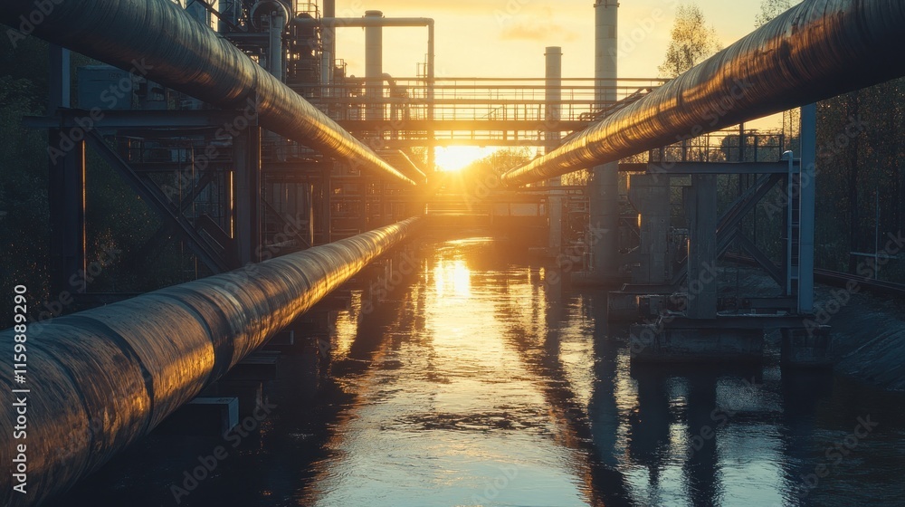 Industrial pipes crossing over a river via a large steel bridge ...