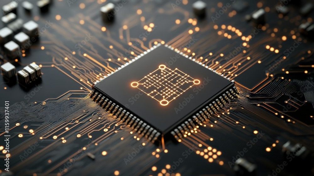Detailed Close-Up of a Modern Microchip on a Circuit Board with Glowing ...