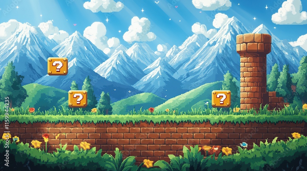 Pixel art landscape with mountains, question mark blocks, and a brick ...