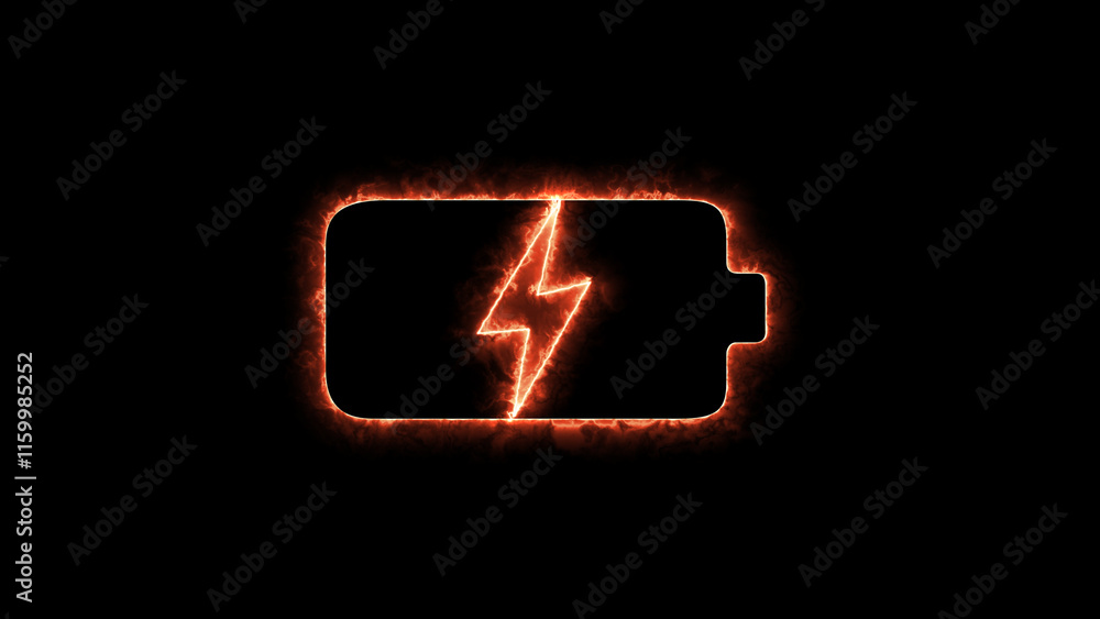 Fire neon glowing battery with lightning bolt icon. Flash icon. Charge ...
