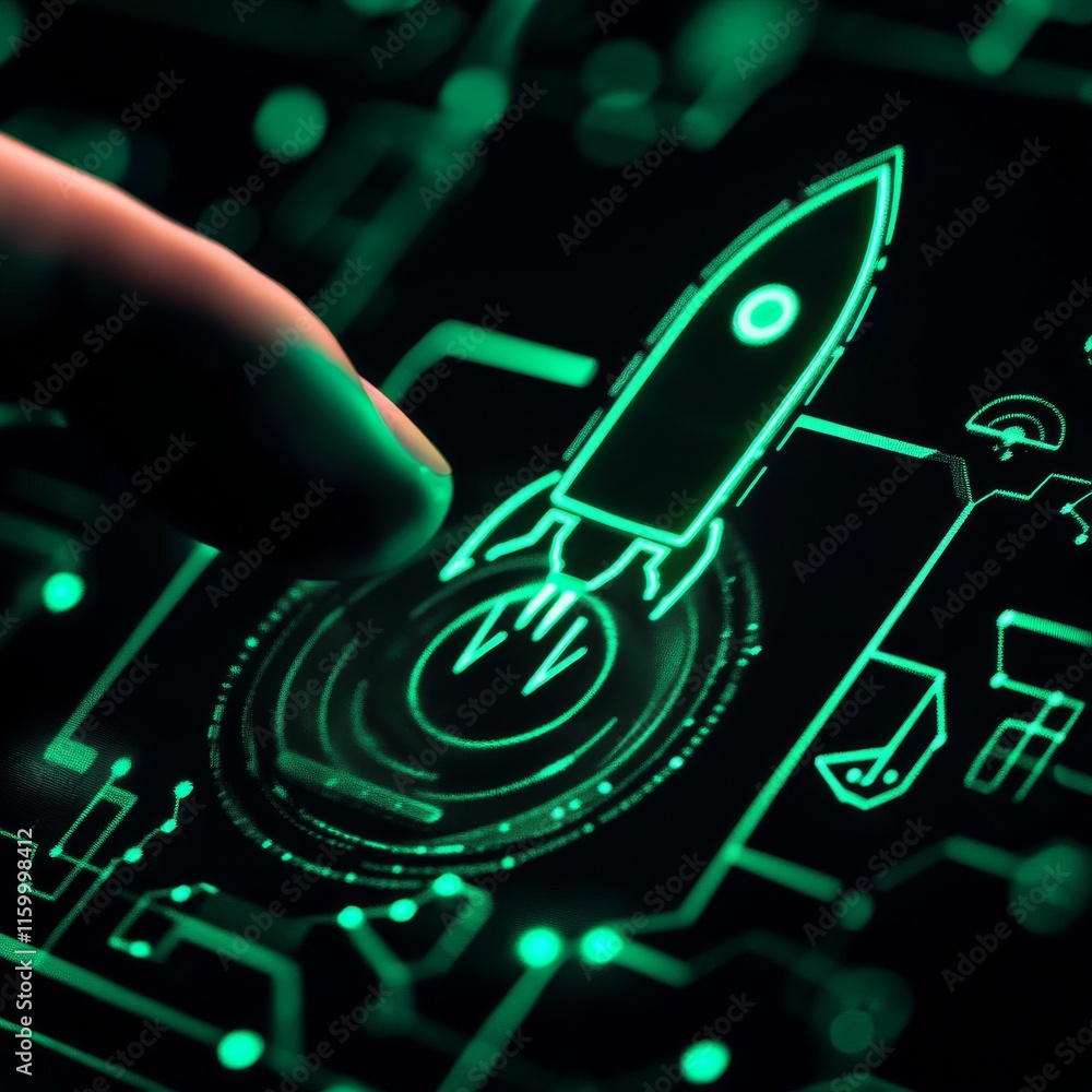 Man finger pressing an boost button with a rocket icon, black ...