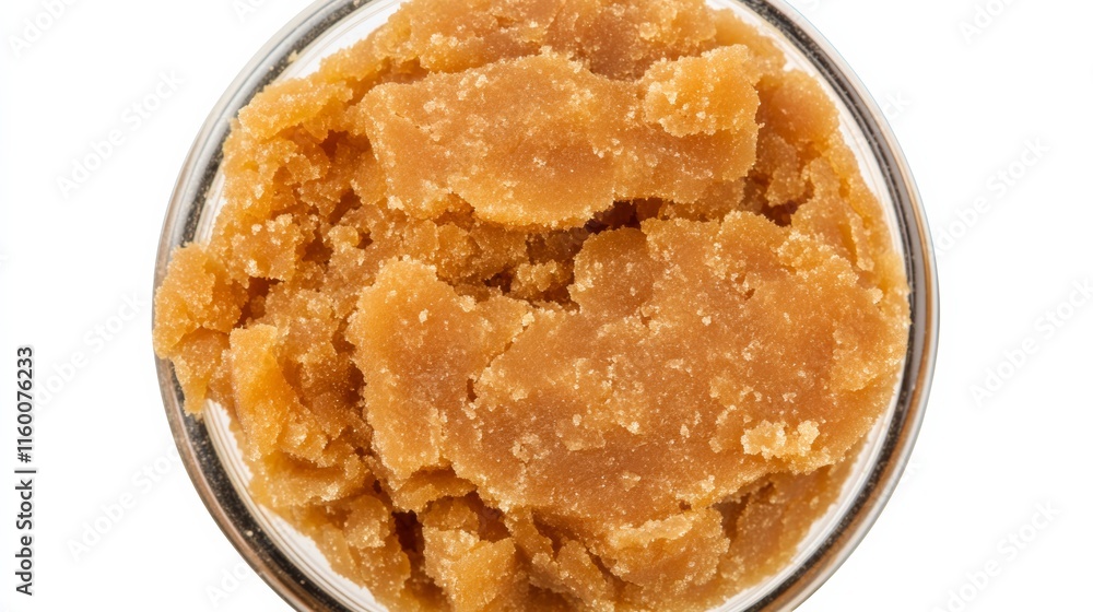 Indian jaggery powder, top view, hyper-realistic texture, isolated on ...