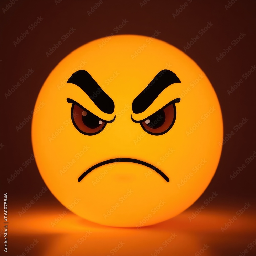 A glowing emoji face expresses anger and frustration with deep-set ...