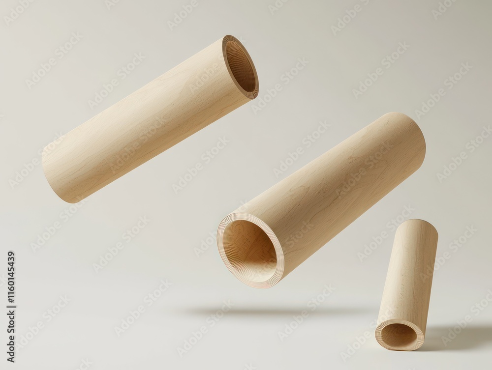 Floating paper tube mockup made from natural wood, with no visible ...