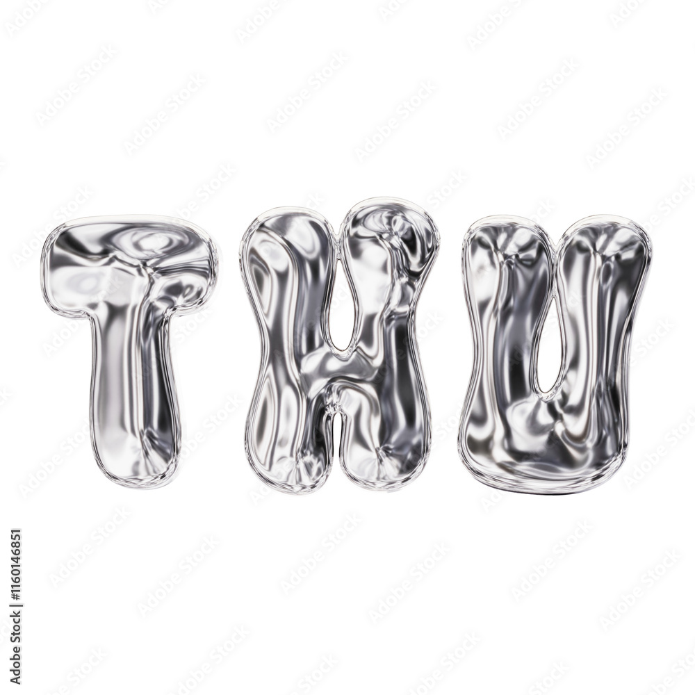 Thu, Thursday abbreviation, day of the week. 3D shiny chrome Y2K ...