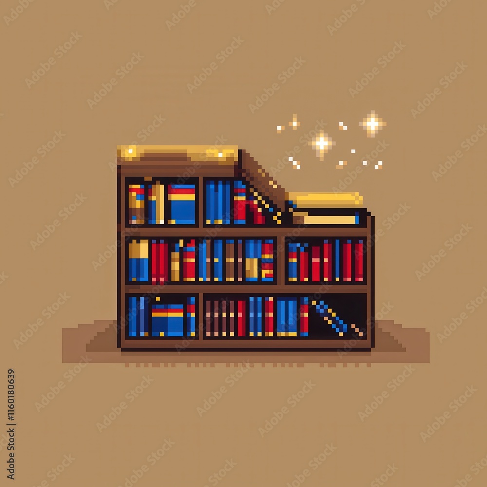 A delightful 8-bit pixel art of a pixelated library with glowing ...