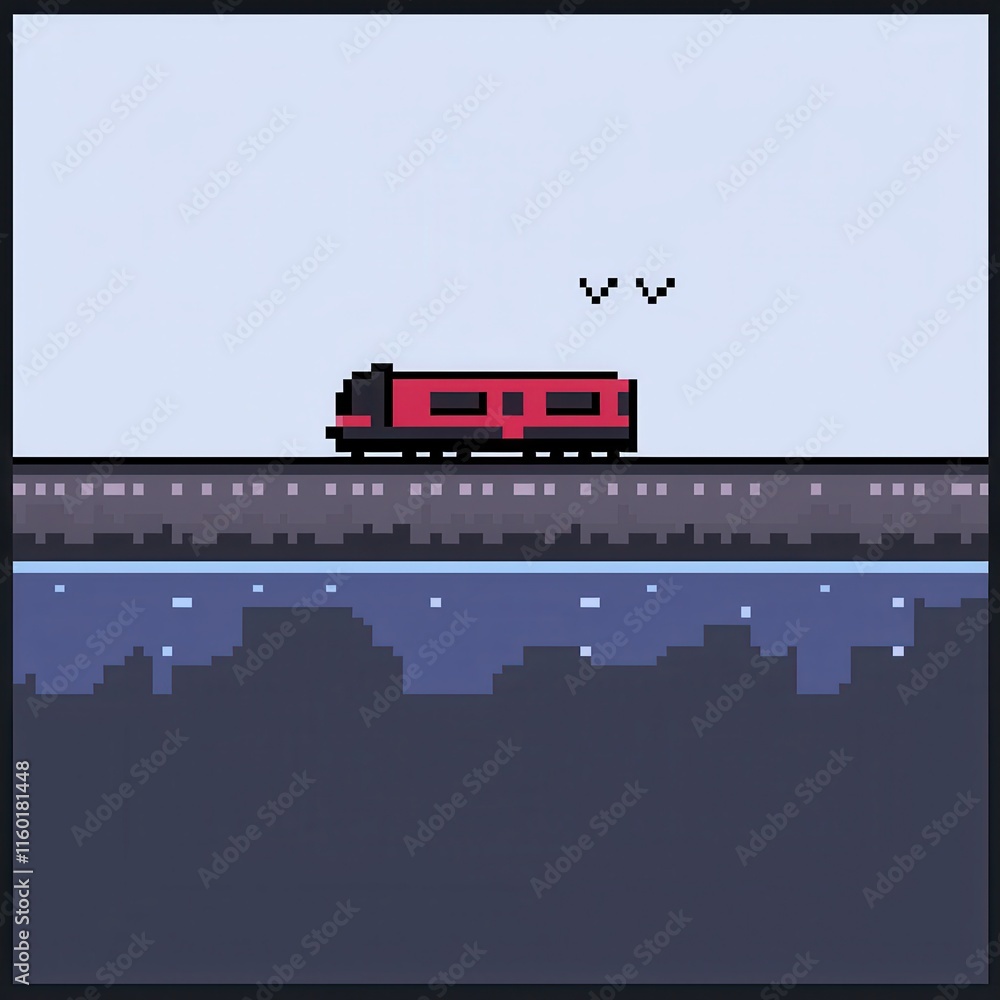 A fun 8-bit pixel art of a glowing pixelated train crossing a bridge ...